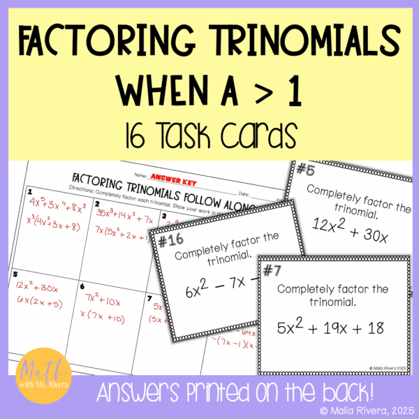 Factoring Trinomials when A Not 1 Task Cards Self Checking Activity ...