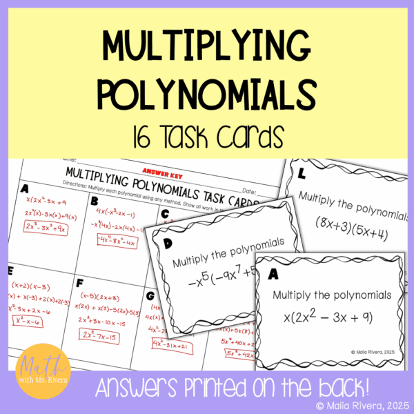 Multiplying Polynomials Task Card Self Checking Activity for Algebra 1 ...