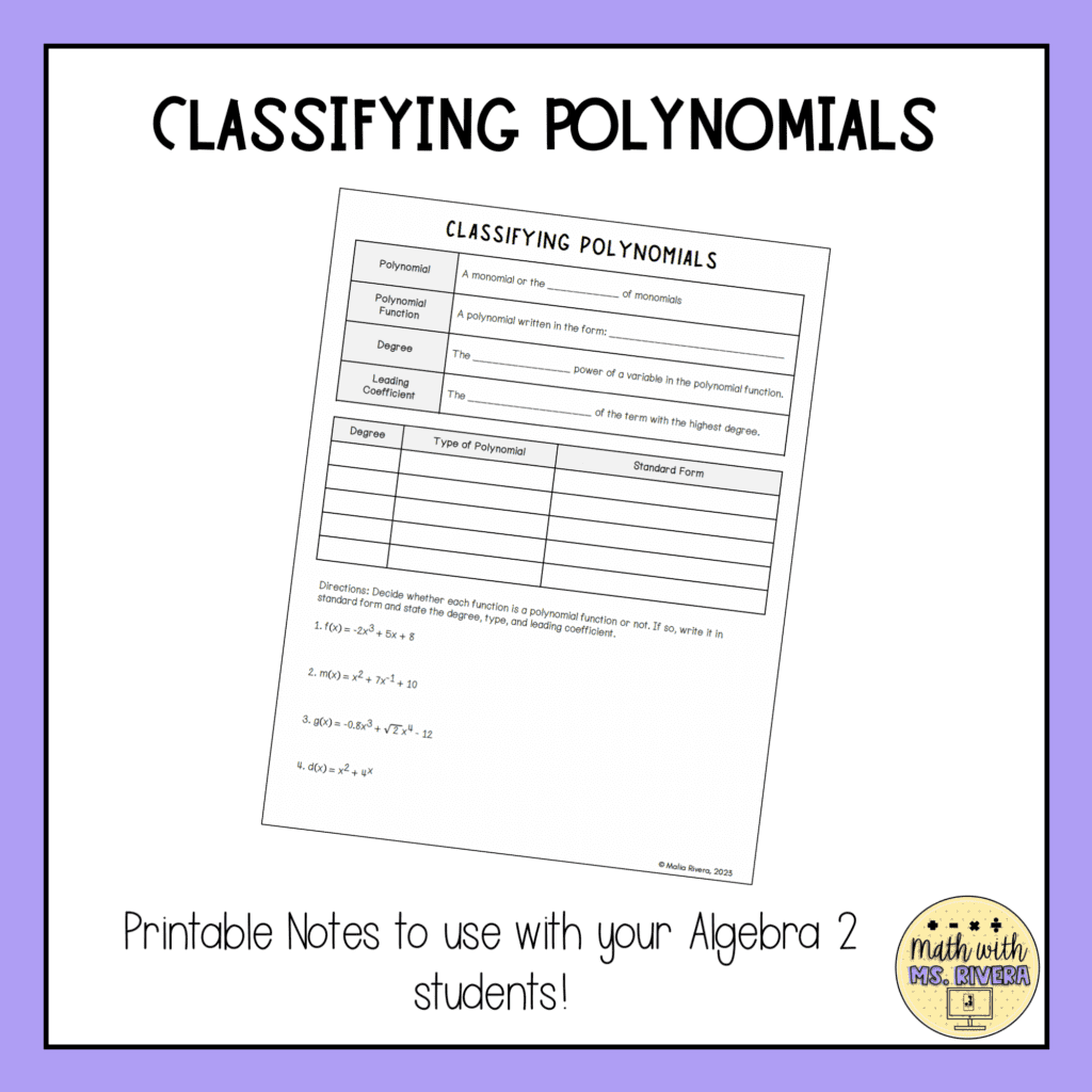 Classifying Polynomial Functions Guided Notes Lesson for Algebra 2 ...