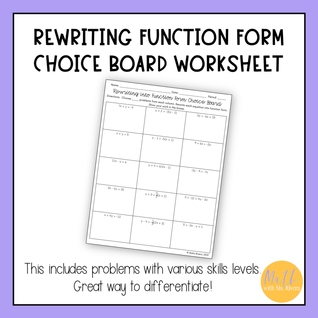 Rewriting Functions & Slope Intercept Form Worksheet Choice Board for ...