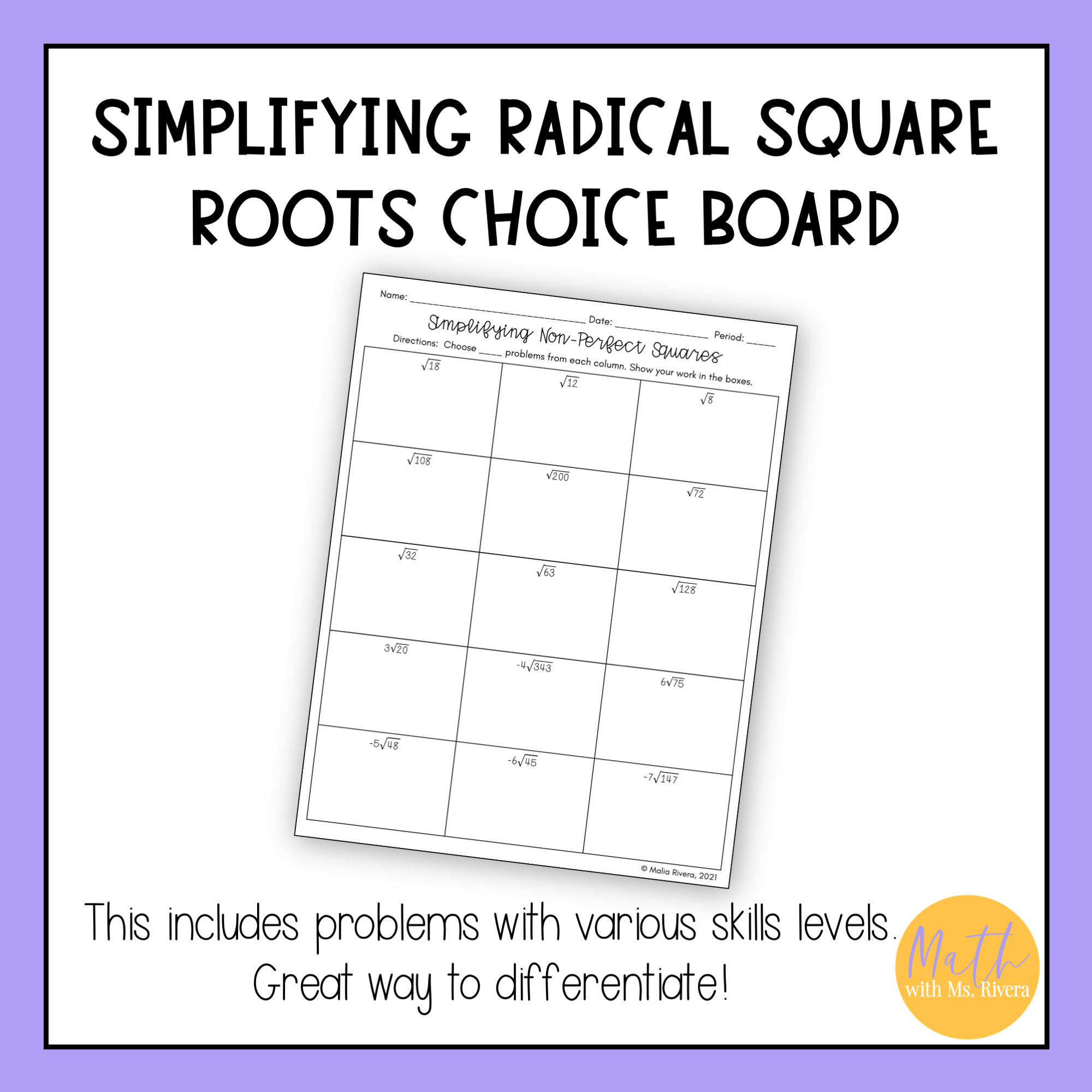 Simplifying Radical Expressions Square Roots Worksheet Choice Board ...