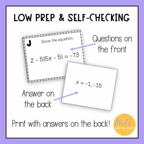 Solving Absolute Value Equations Self Checking Task Cards Activity for ...