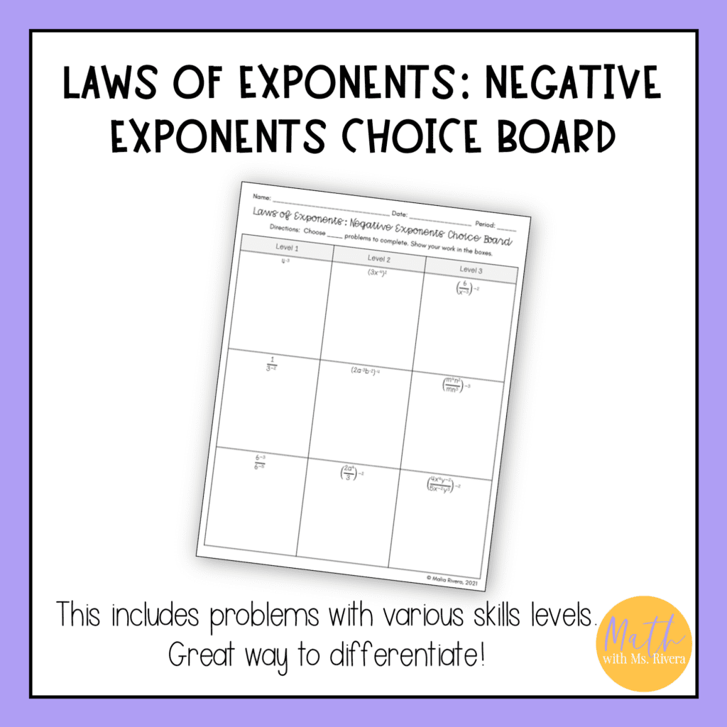 Laws of Exponents Negative Exponents Choice Board Worksheet Homework ...