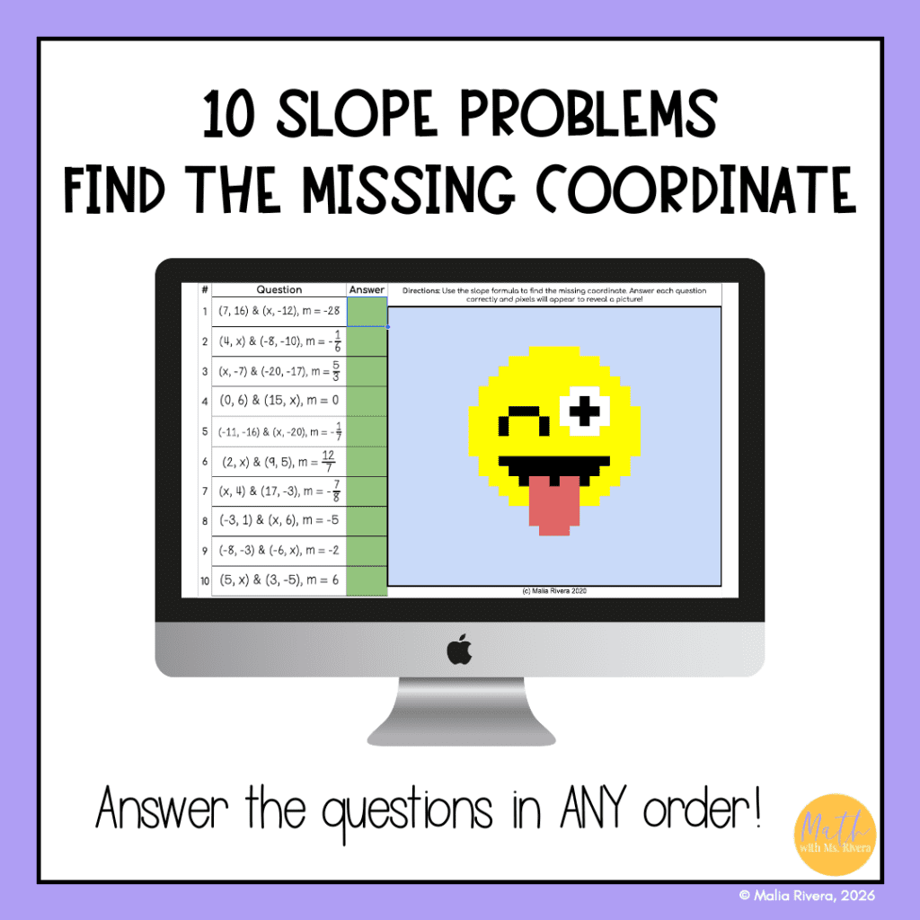 Finding the Missing Coordinate from Slope Pixel Art Activity Algebra 1 ...