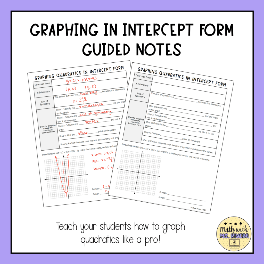 Graphing Quadratic Functions in Intercept Form Guided Notes for Algebra ...