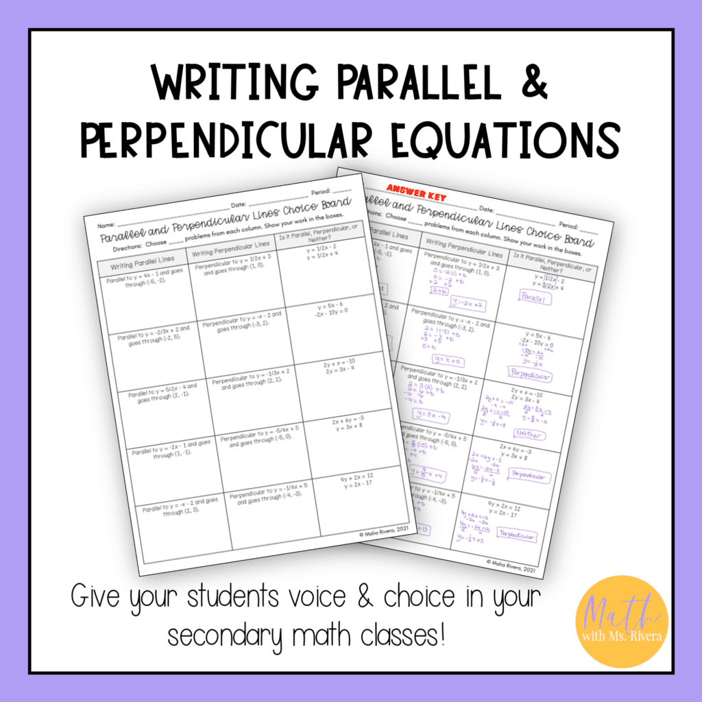 Writing Parallel and Perpendicular Line Equations Worksheet Choice ...