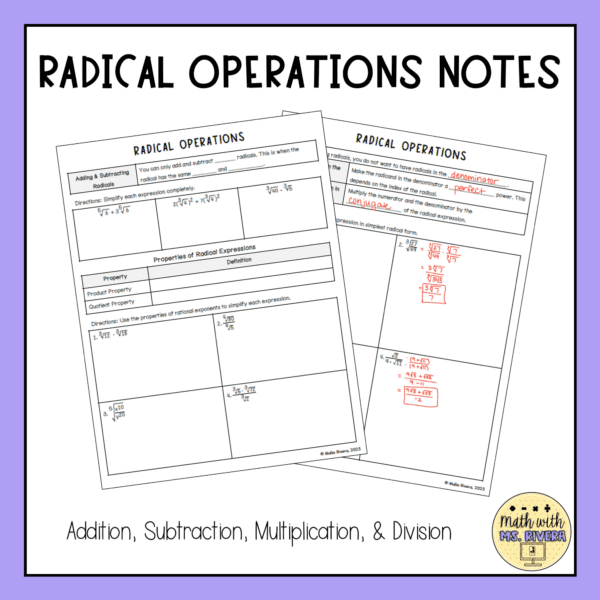 Radical Operations Guided Notes Lesson for Algebra 2 - Malia Rivera ...