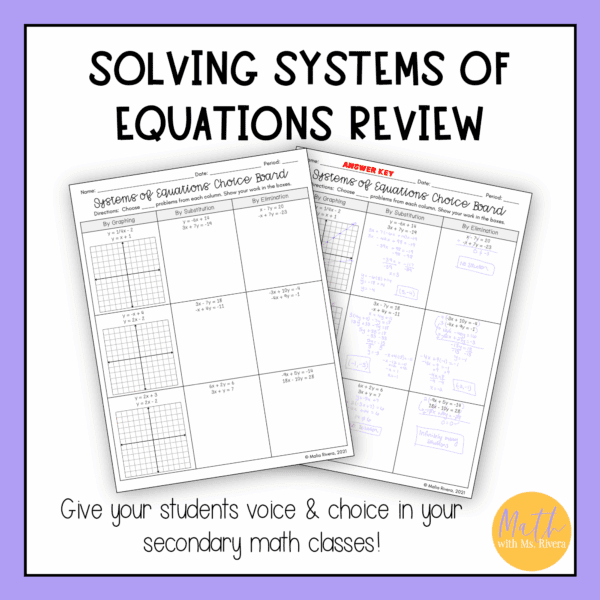Solving Systems of Equations Mixed Review Worksheet Choice Board for ...