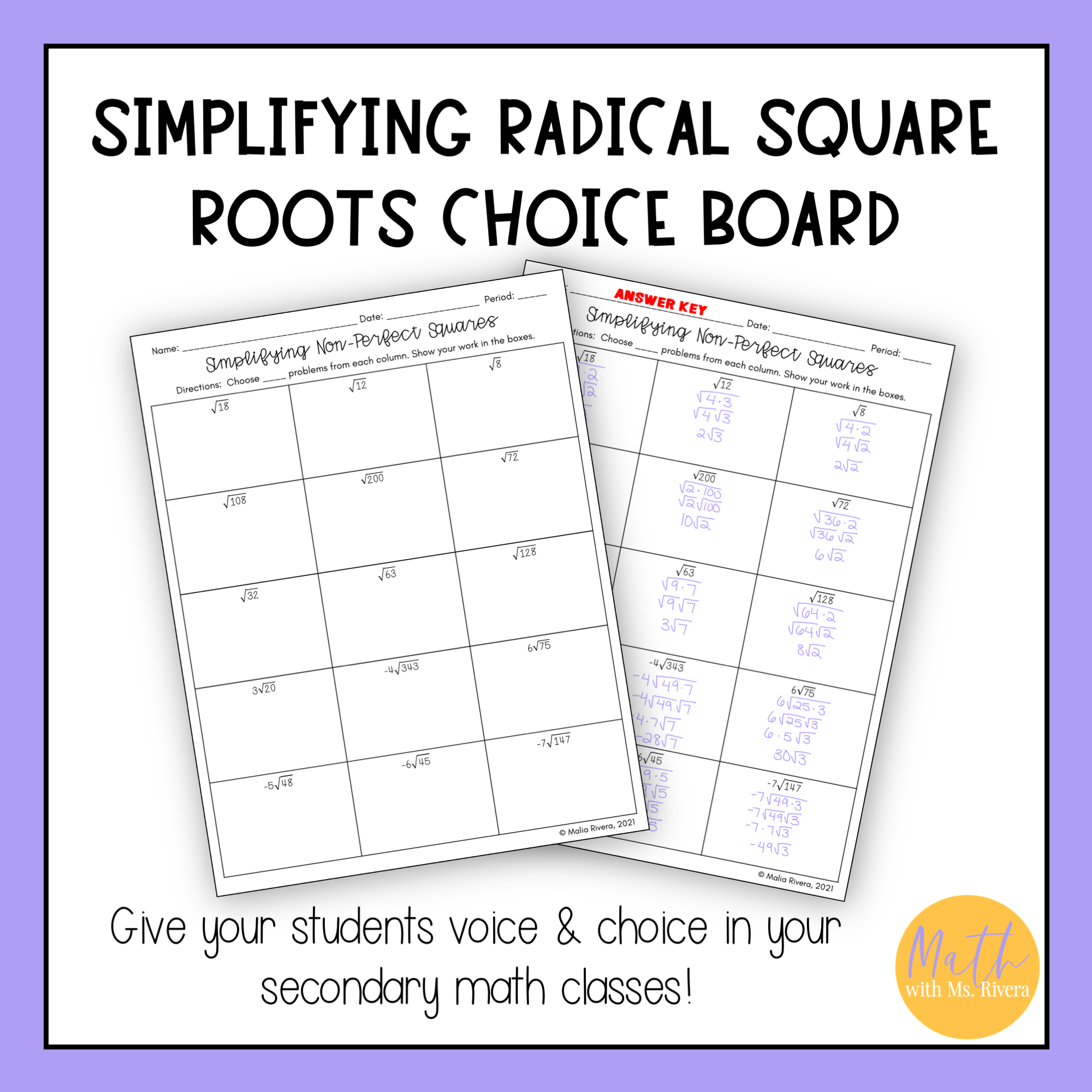 Simplifying Radical Expressions Square Roots Worksheet Choice Board ...