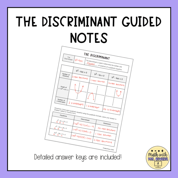 The Discriminant and Types of Quadratic Solutions Guided Notes for ...