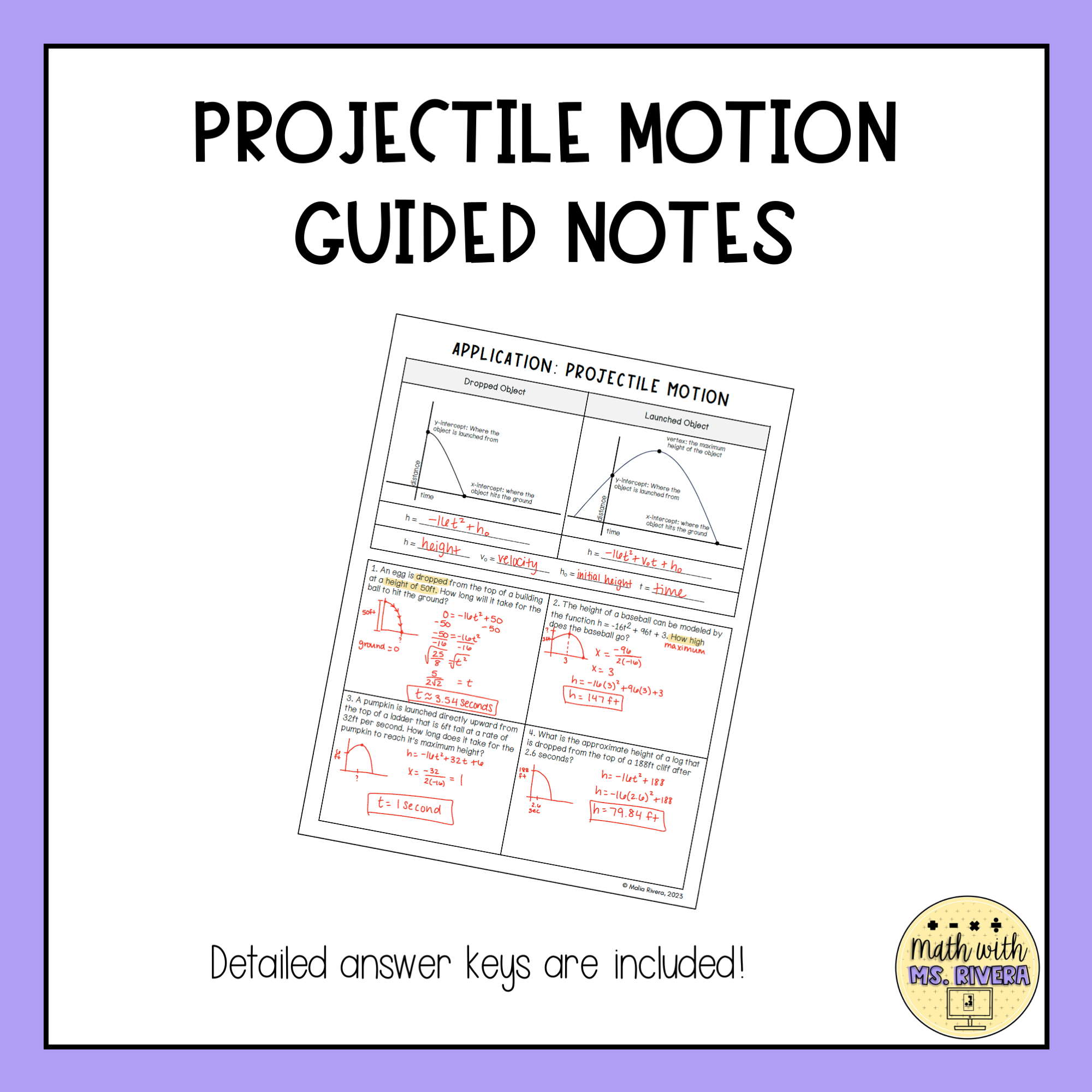 Projectile Motion - Quadratic Function Application Guided Notes for ...