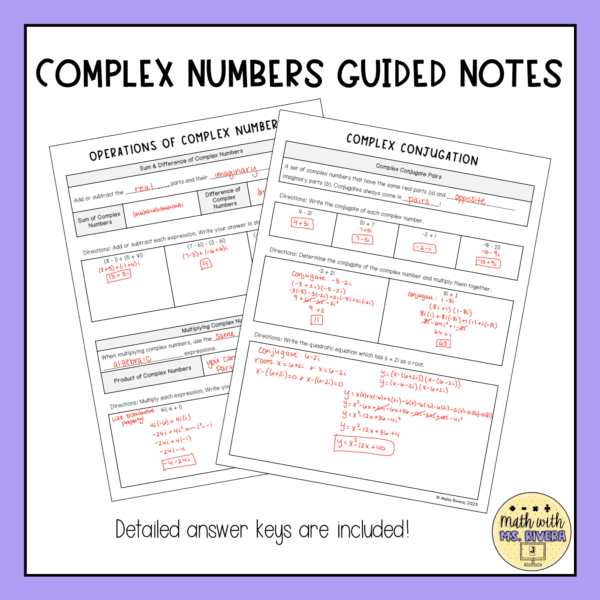 Operations with Complex Numbers Guided Notes for Algebra 2 - Maila ...