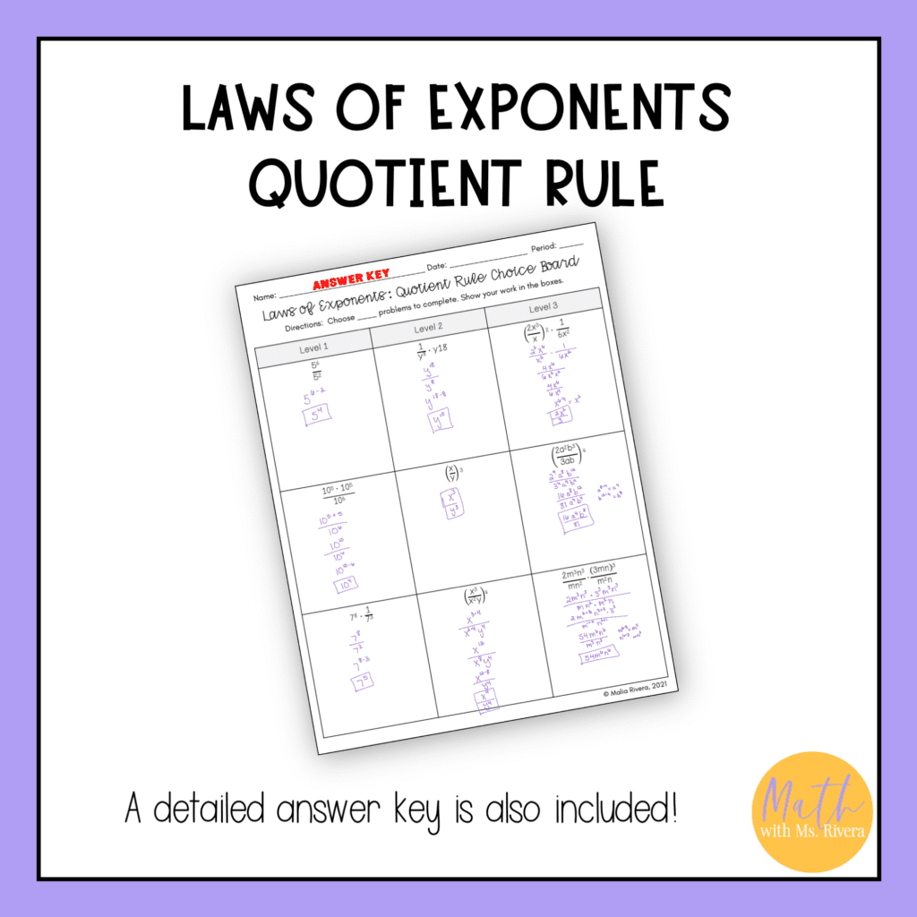 Exponent Rules Practice - Quotient Rule Worksheet Choice Board for ...