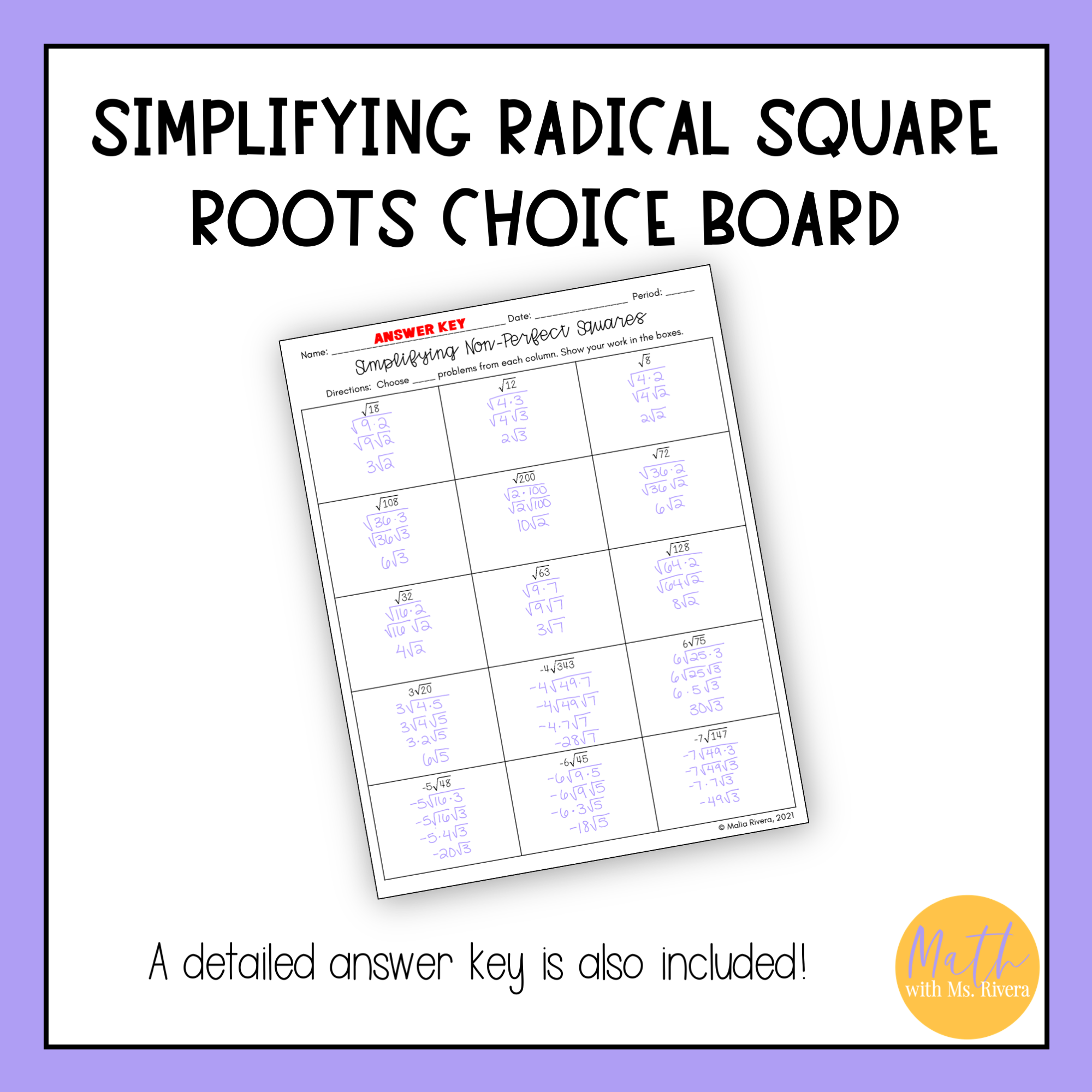 Simplifying Radical Expressions Square Roots Worksheet Choice Board ...