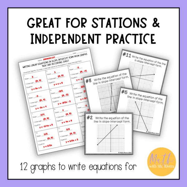 Writing Linear Equations in Slope Intercept Form from Graphs Task Cards ...