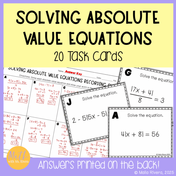 Solving Absolute Value Equations Self Checking Task Cards Activity for ...