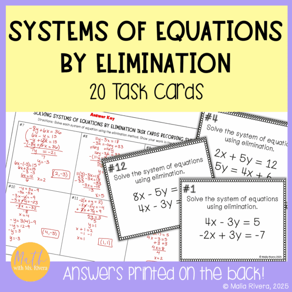 Solving Systems of Equations by Elimination Task Cards Self Checking ...