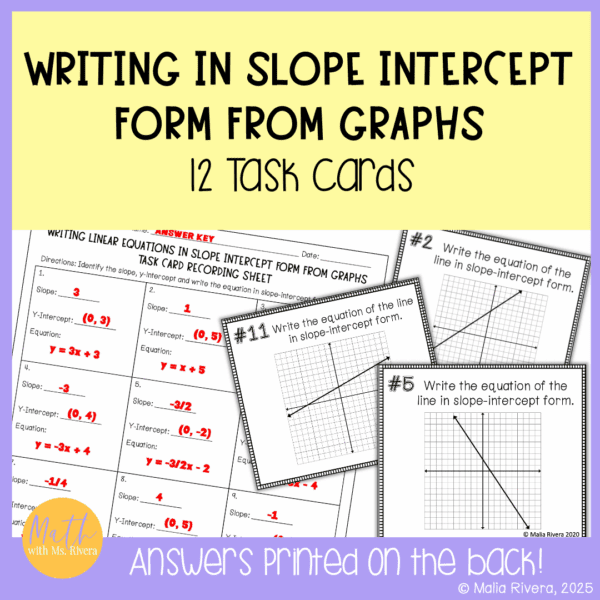 Writing Linear Equations in Slope Intercept Form from Graphs Task Cards ...