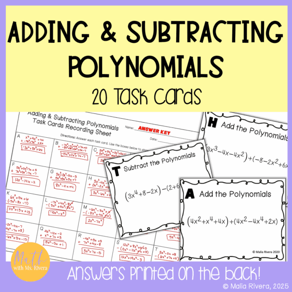 Adding and Subtracting Polynomials Task Cards Self Checking Activity ...