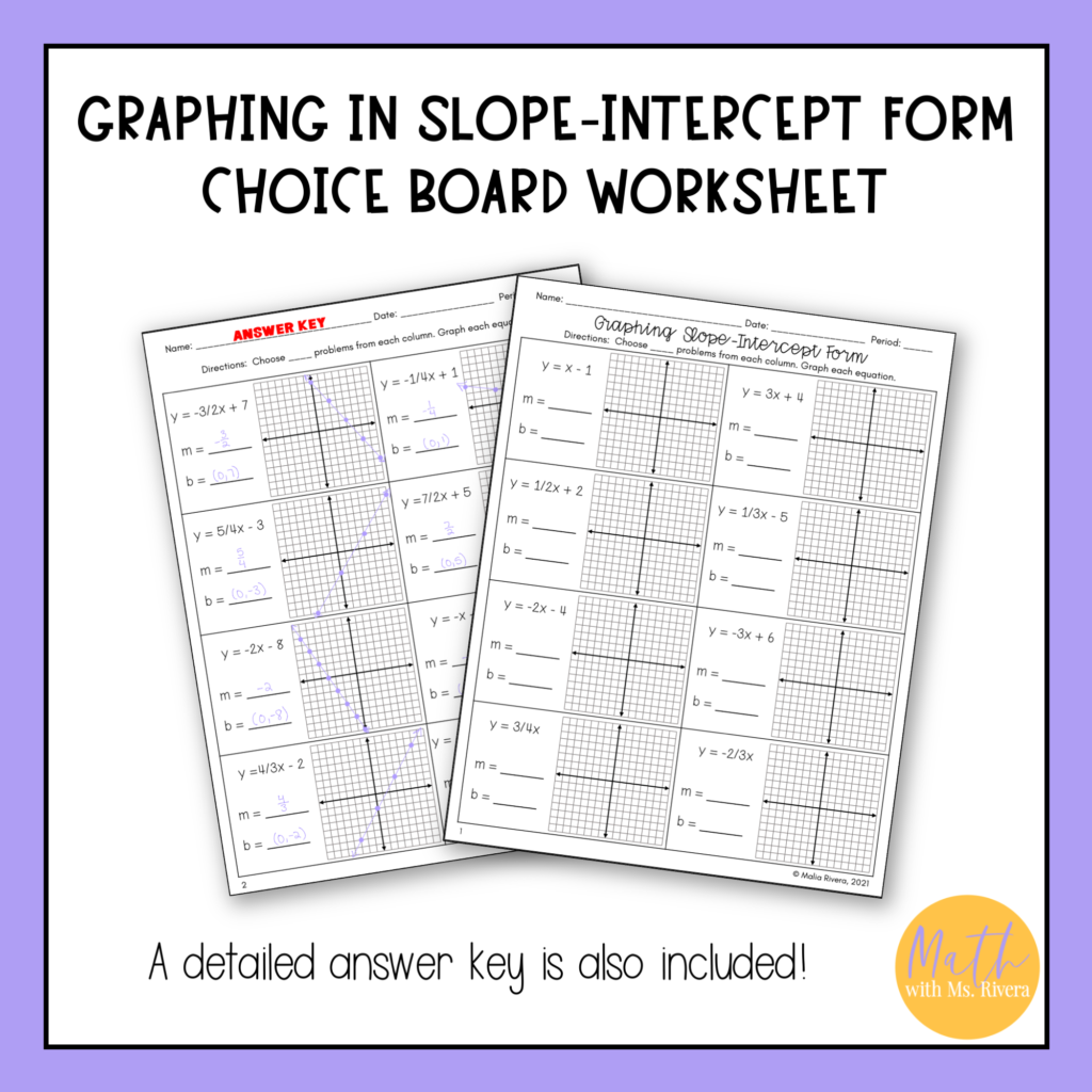 Graphing Slope Intercept Form Worksheet Choice Board for Algebra 1 ...