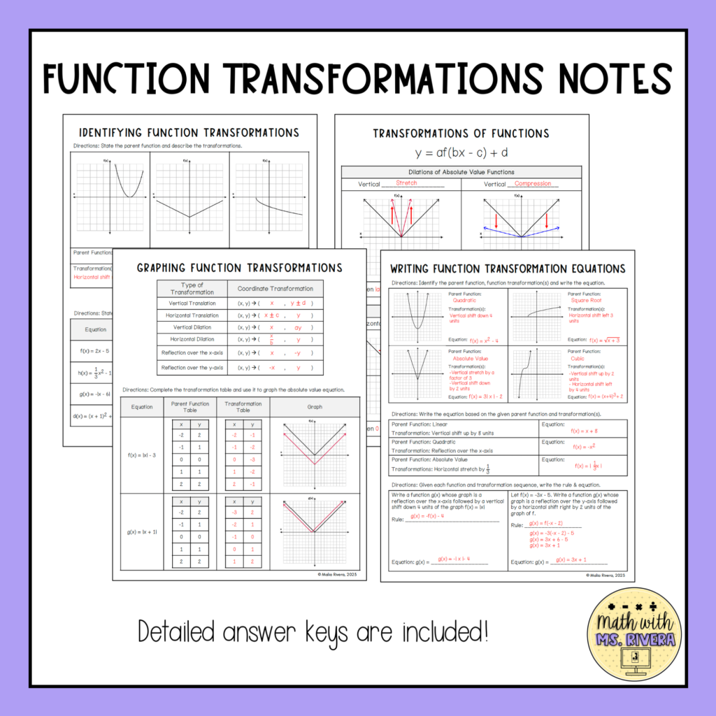 Transformations of Functions Guided Notes for Algebra 2 - Maila Rivera ...