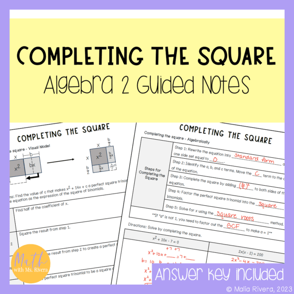Completing the Square Guided Notes for Algebra 2 - Malia Rivera | Math ...