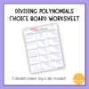 Dividing Polynomials Worksheet Choice Board for Algebra 1 - Maila ...
