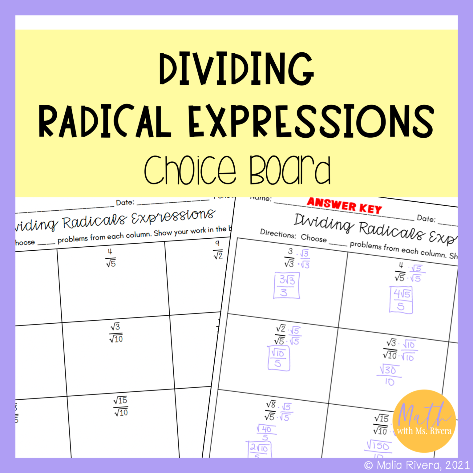 Dividing Radicals Choice Board Worksheet for Algebra 1 - Maila Rivera ...