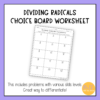 Dividing Radicals Choice Board Worksheet for Algebra 1 - Maila Rivera ...