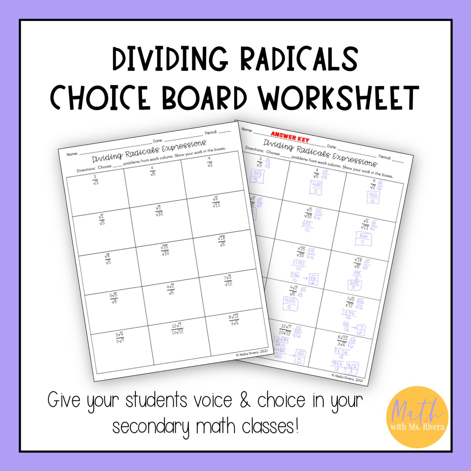 Dividing Radicals Choice Board Worksheet for Algebra 1 - Maila Rivera ...