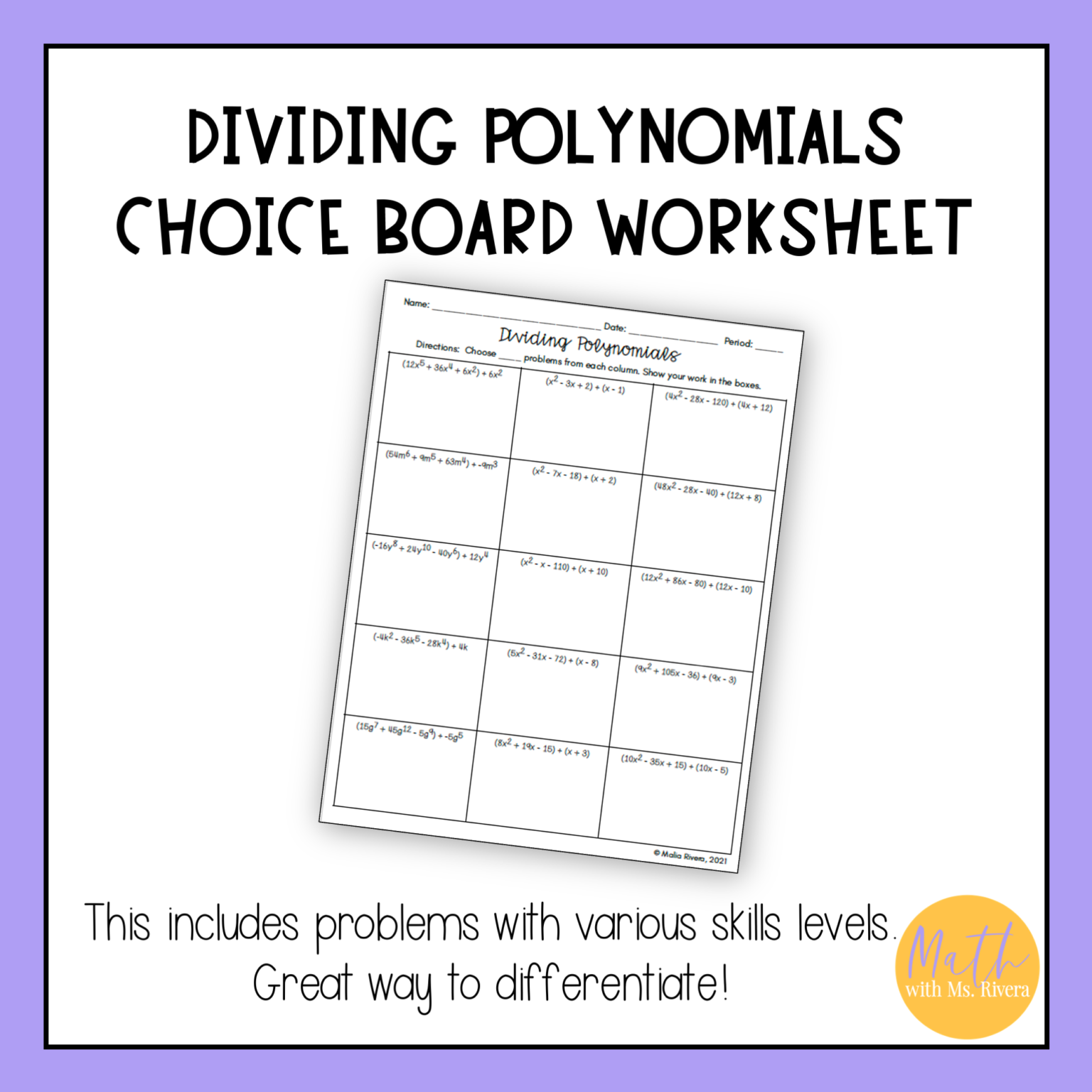 Dividing Polynomials Worksheet Choice Board for Algebra 1 - Maila ...