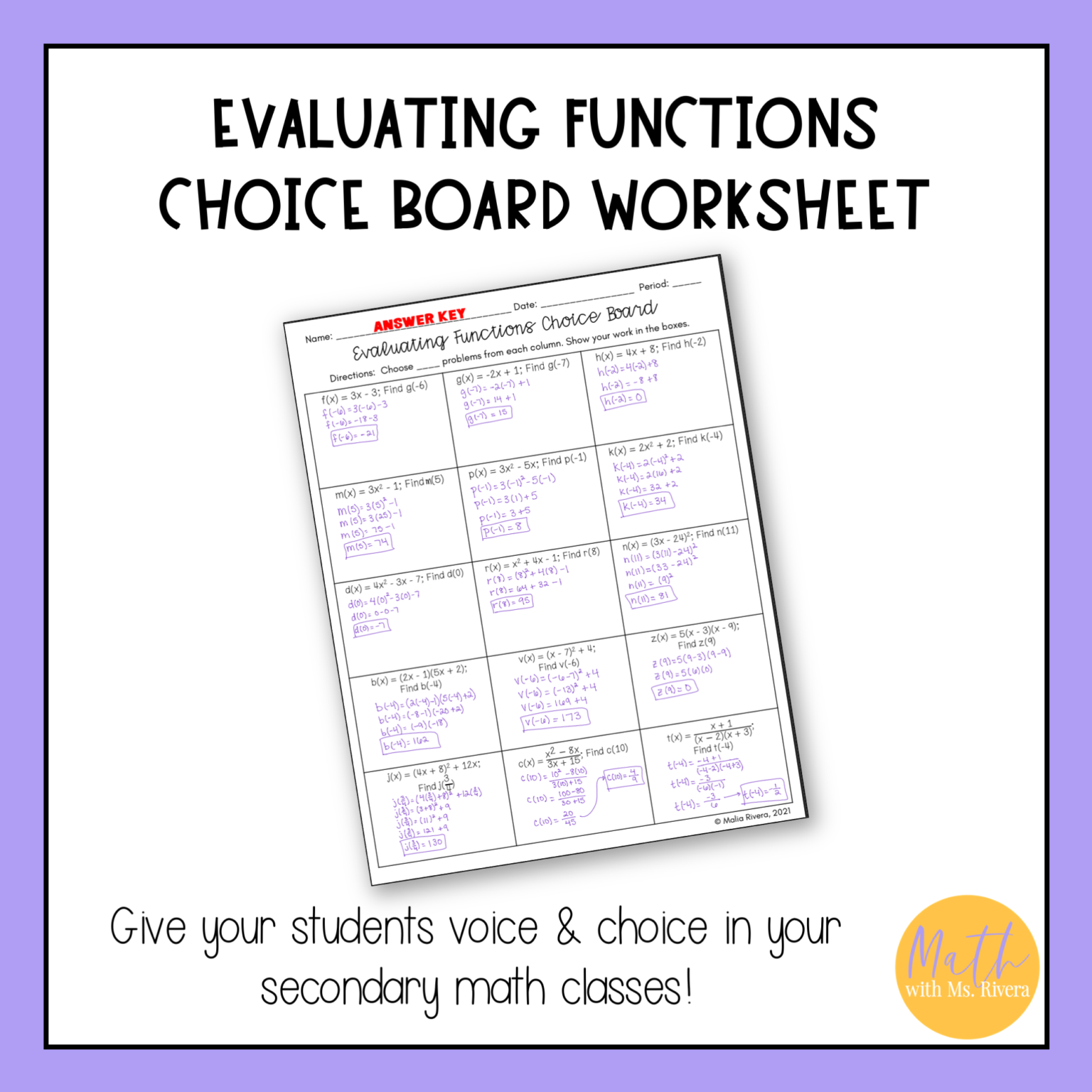 Evaluating Functions in Function Notation Worksheet Choice Board for ...