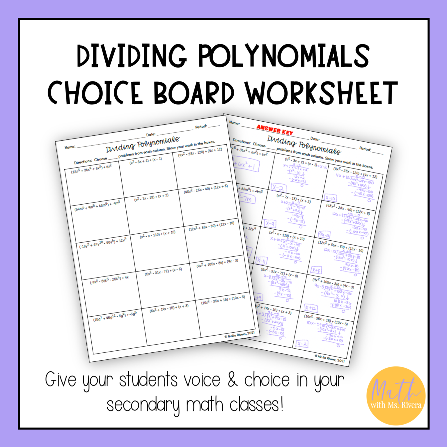 Dividing Polynomials Worksheet Choice Board for Algebra 1 - Maila ...