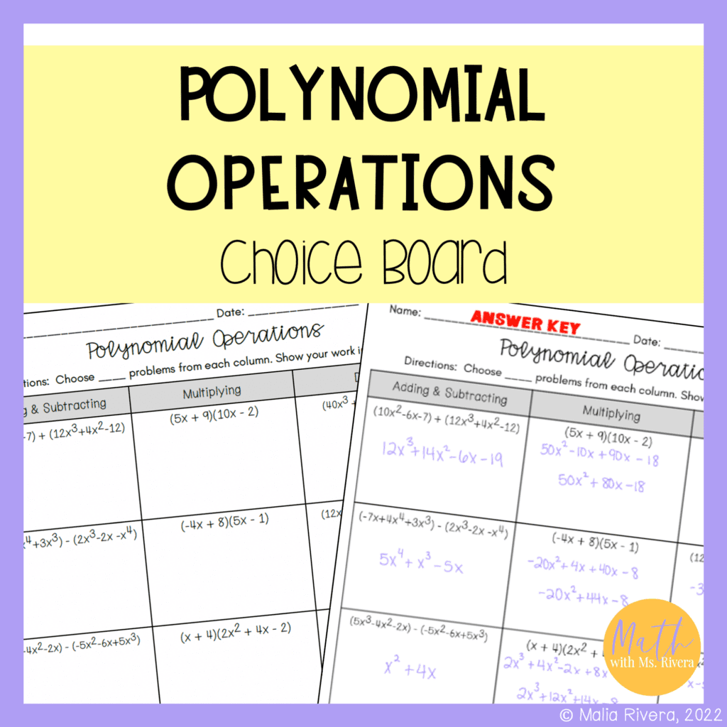 Dividing Polynomials Worksheet Choice Board for Algebra 1 - Maila ...