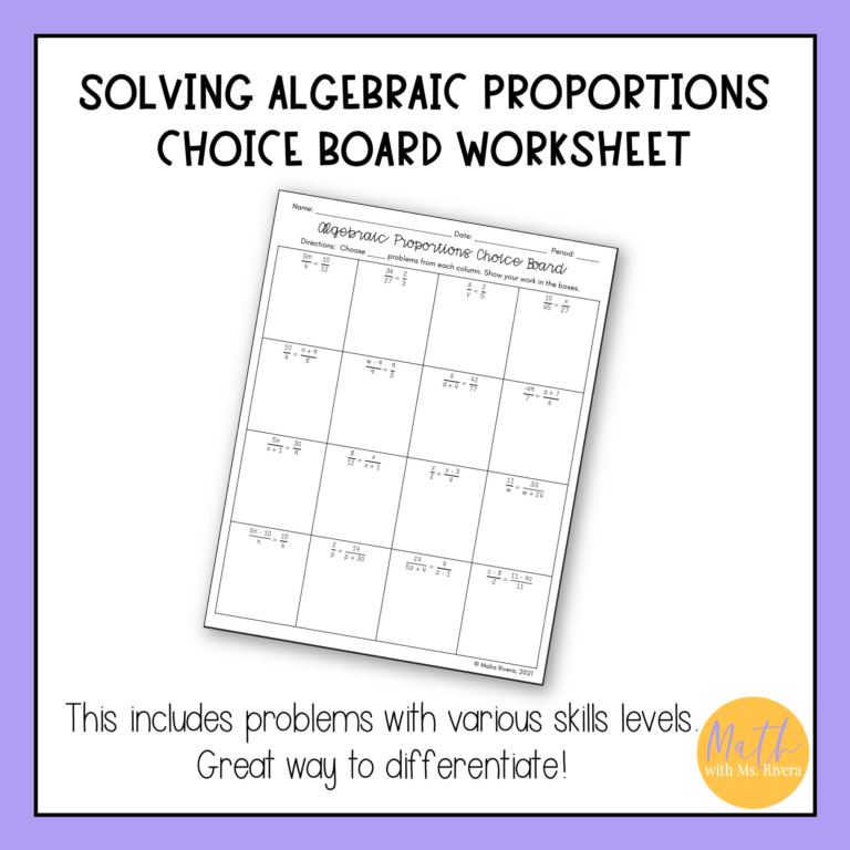 Solving Algebraic Proportions Worksheet Choice Board for Algebra 1 ...