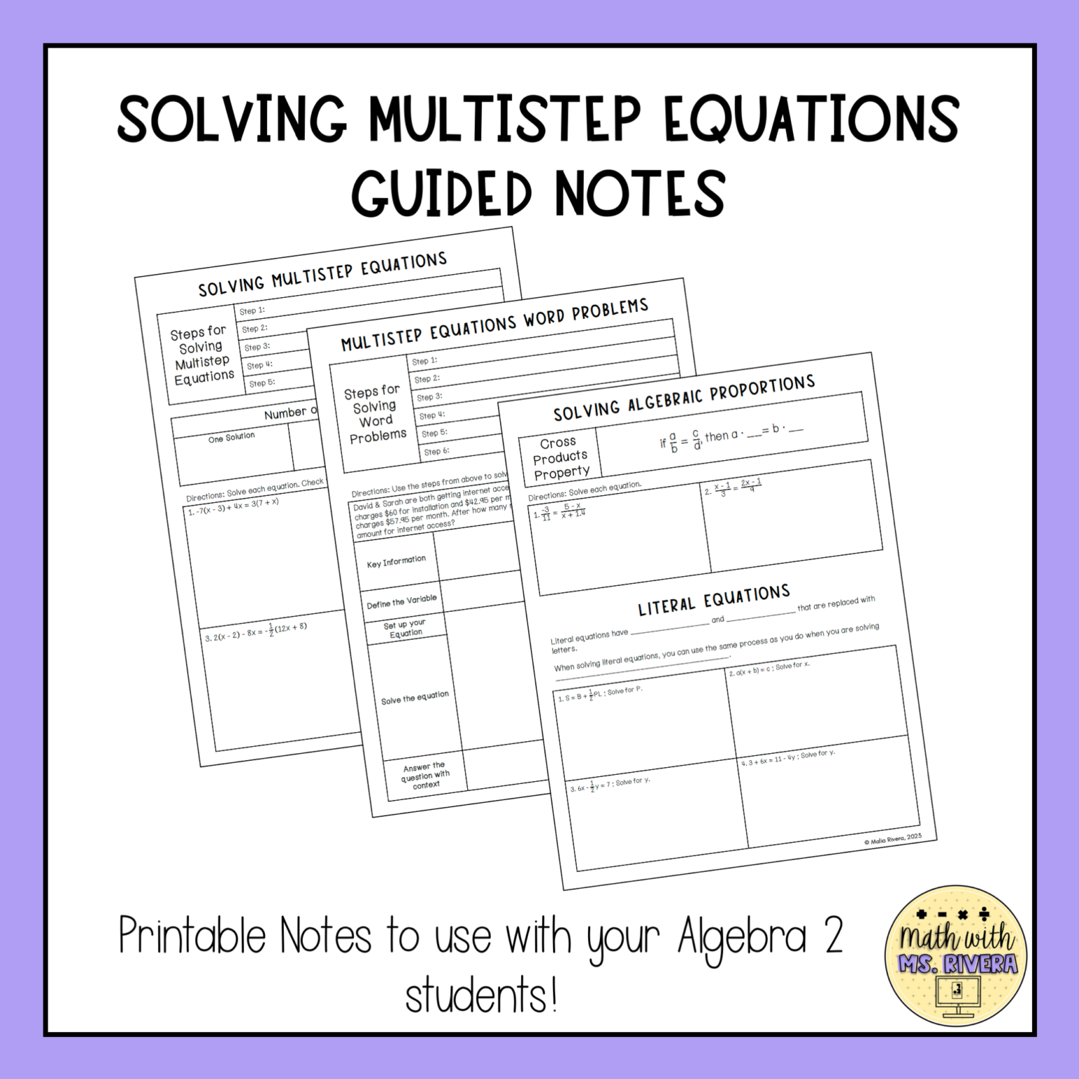 Solving Multi Step Equations Review Guided Notes for Algebra 2 - Maila ...