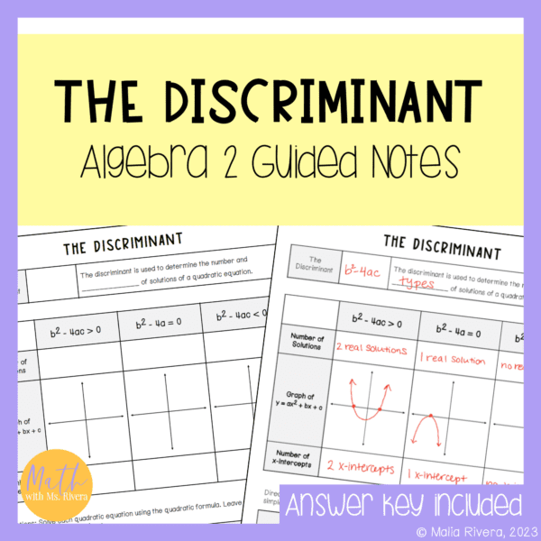 The Discriminant and Types of Quadratic Solutions Guided Notes for ...