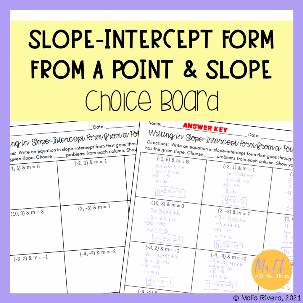 Writing in Slope Intercept Form from a Point and Slope Worksheet Choice ...