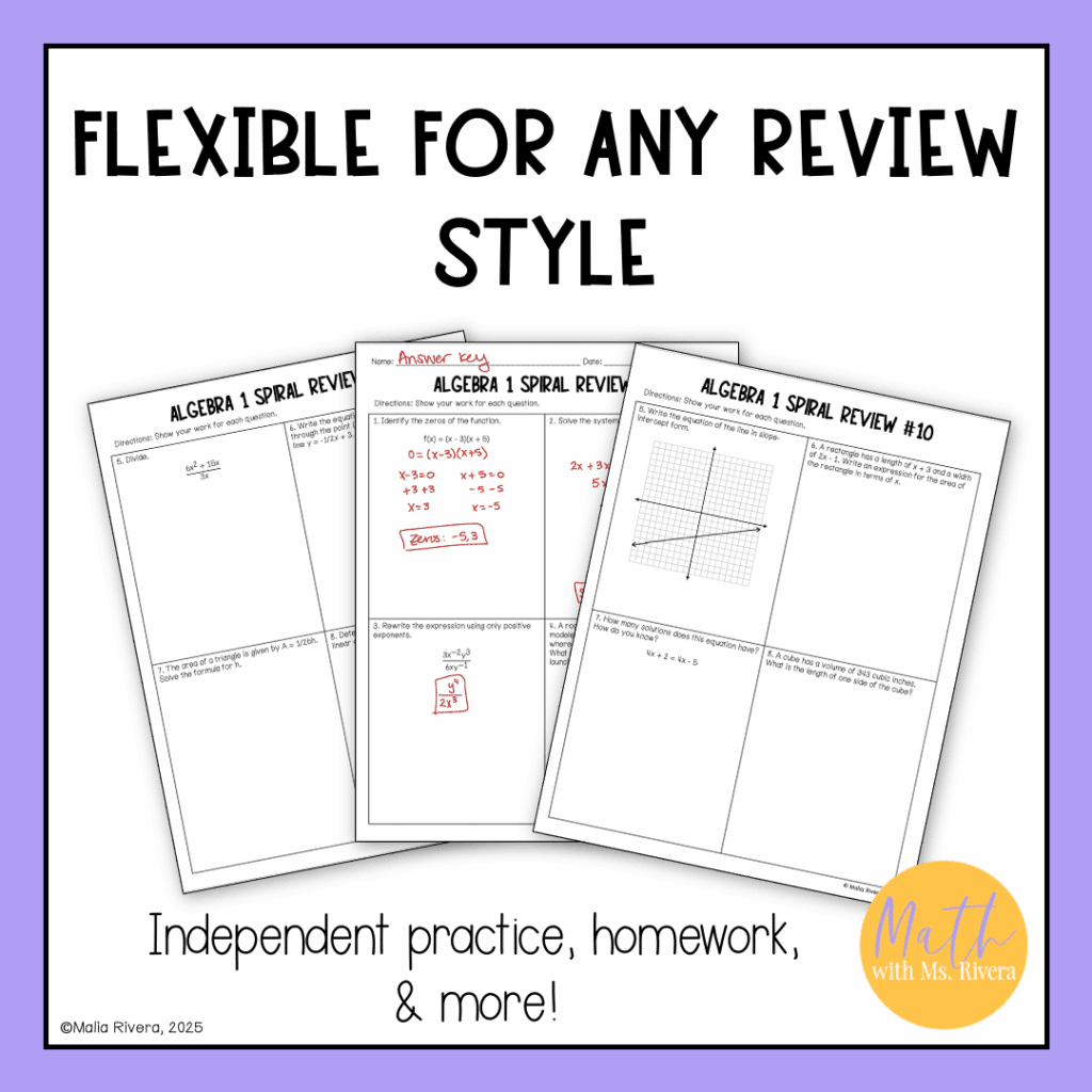 Algebra 1 Spiral Review End of Year Packet | Final Exam Test Prep ...