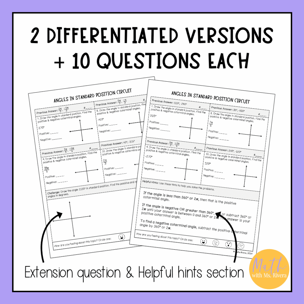 Angles in Standard Position Differentiated Circuit Worksheet ...