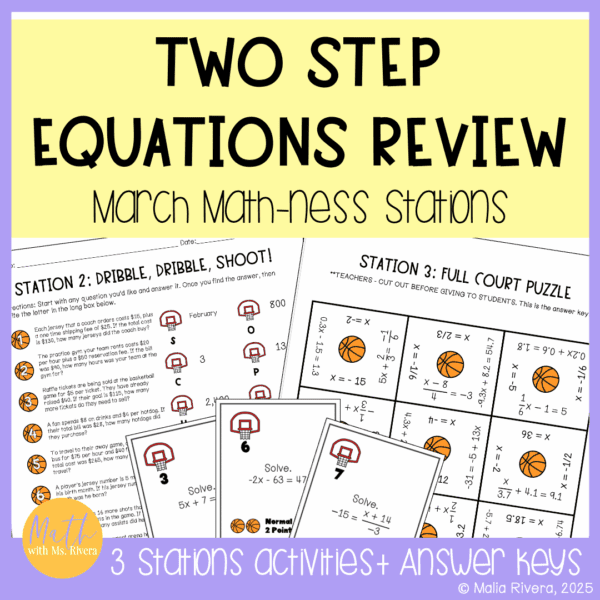 March Mathness Basketball Solving Two Step Equations Review Stations ...