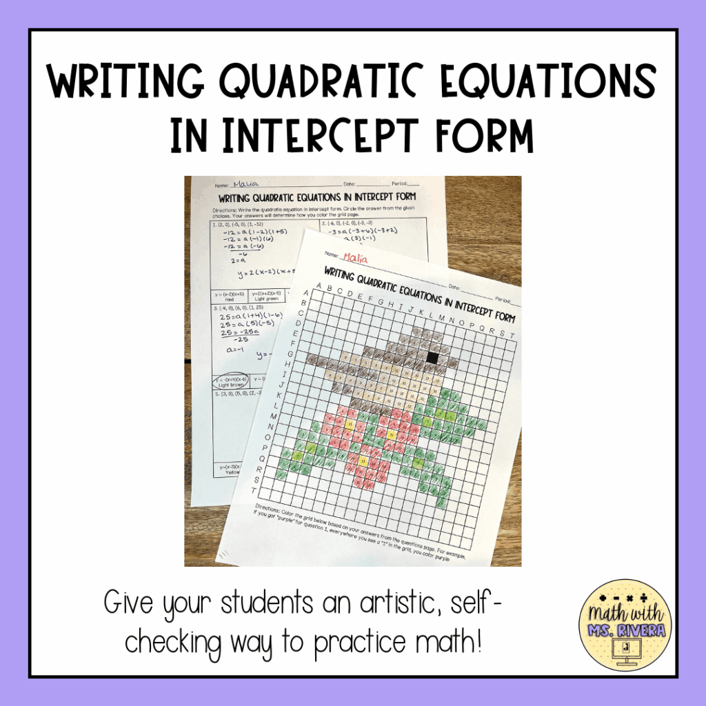 Winter Writing Quadratic Equations in Intercept Form Color by Number ...