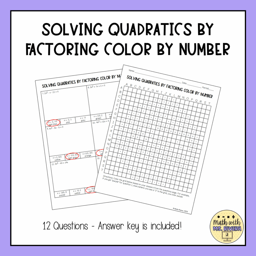 Winter Solving Quadratic Equations by Factoring Color by Number ...