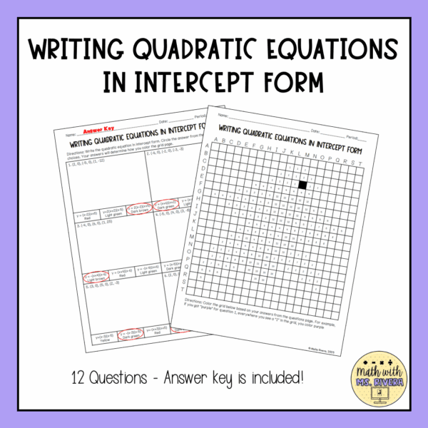 Winter Writing Quadratic Equations in Intercept Form Color by Number ...