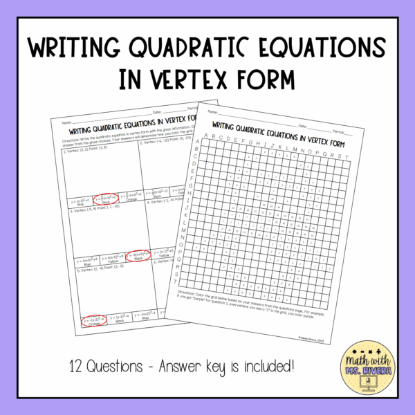 Winter Writing Quadratic Equations in Vertex Form Color by Number ...