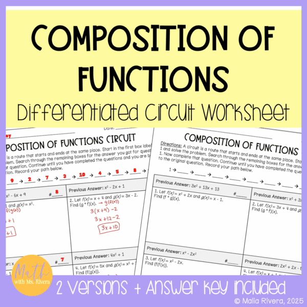 Composition of Functions Differentiated Circuit Worksheet for Algebra 2 ...