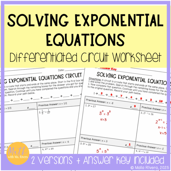 Solving Exponential Equations Differentiated Circuit Worksheet for ...
