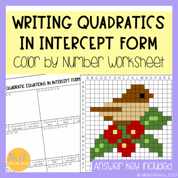Winter Writing Quadratic Equations in Intercept Form Color by Number ...