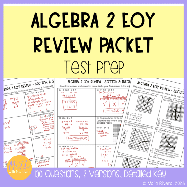 Algebra 2 Review End of Year Test Prep Packet for Final Exam & State ...