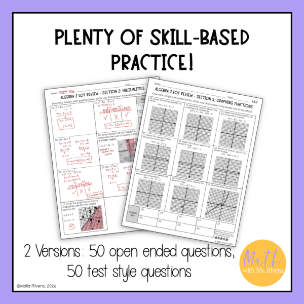 Algebra 2 Review End of Year Test Prep Packet for Final Exam & State ...